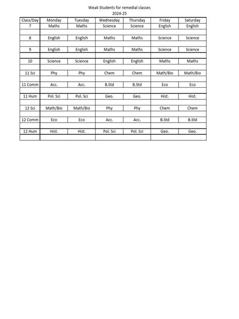 Remedial Time Table Pdf