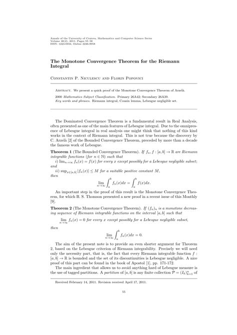 Pdf The Monotone Convergence Theorem For The Riemann Integral