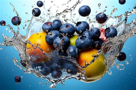Premium Ai Image Splashing Water Of Blueberries And Orange Fruit Underwater Creates Refreshing