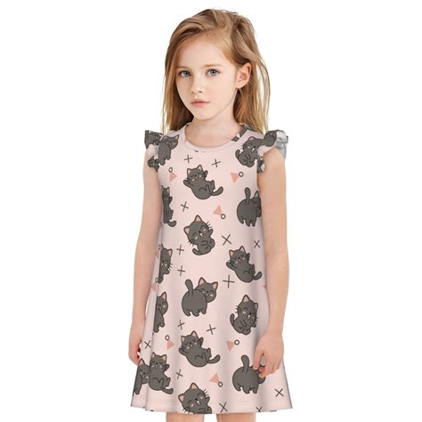 Girls Nightgowns Cute Cartoon Smiling Cat Flutter Sleeves Sleepwear