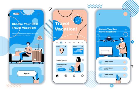 Travel Vacation Concept Onboarding Screens For Mobile App Templates Travelers With Luggage Fly
