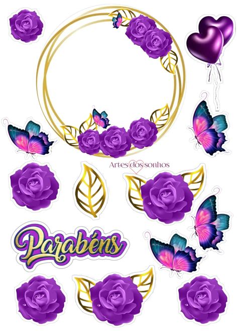 Topo De Bolo Roxo Purple Cake Topper Flower Cake Toppers Christmas Stickers Printable