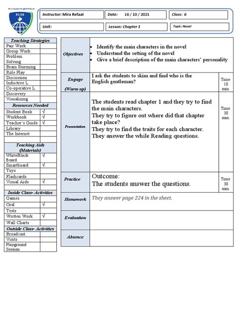 Novel Chapter 1 Lesson Plan Pdf Lesson Plan Communication