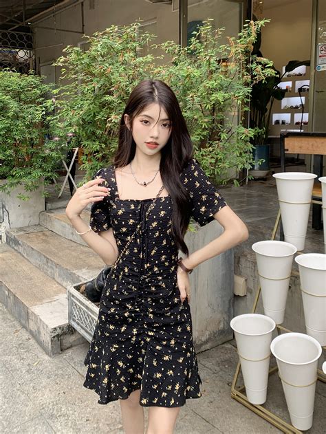 스퀘어 칼라 퍼프 플라워 원피스 반팔 하프 소매 꽃 무늬 빈티지 셔링 A 라인 슬릿 플레어 미니 숏 짧은 치마 스커트 드레스