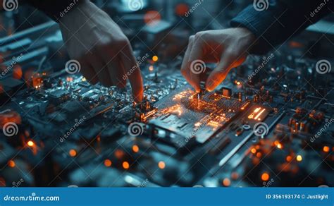 electronics engineers working on motherboard installing microchip