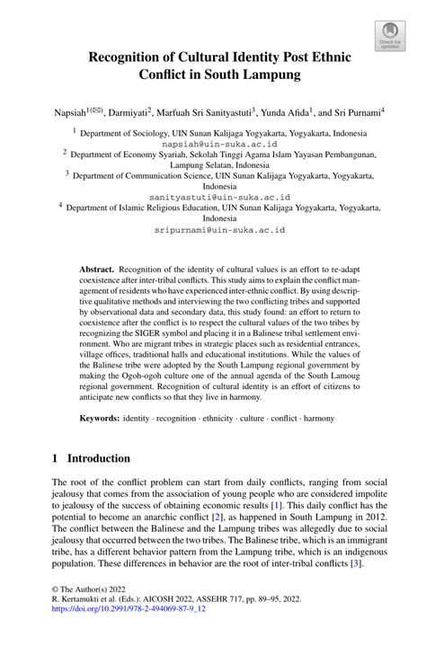 Pdf Recognition Of Cultural Identity Post Ethnic Conflict In South Lampung