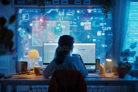 Woman Detective Using Advanced Technology Holographic Screens To Analyze Digital Forensic