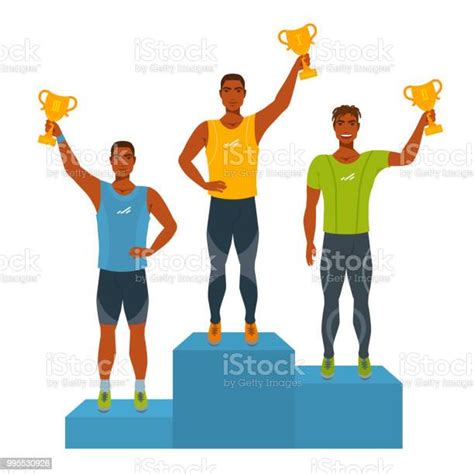 남자는 트로피와 함께 수 여 하는 연단에 서 서 수 상자입니다 만화에 대한 스톡 벡터 아트 및 기타 이미지 만화 운동 선수 1위 Istock