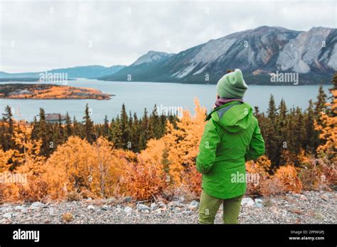 Canada Travel Hike Tourist Walking At Bove Island Tagish Lake Yukon During Skagway Road Trip
