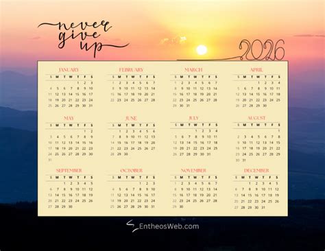 2026 Motivational Printable Calendar Never Give Up Pdf