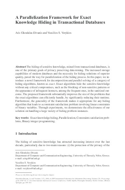 Pdf A Parallelization Framework For Exact Knowledge Hiding In