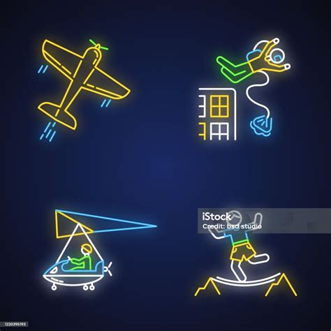 에어 익스트림 스포츠 네온 라이트 아이콘 세트 곡예 베이스 점프 마이크로 조명 및 하이라이닝 야외 활동 아드레날린 엔터테인먼트 위험한 레크리에이션 빛나는 벡터 격리 일러스트