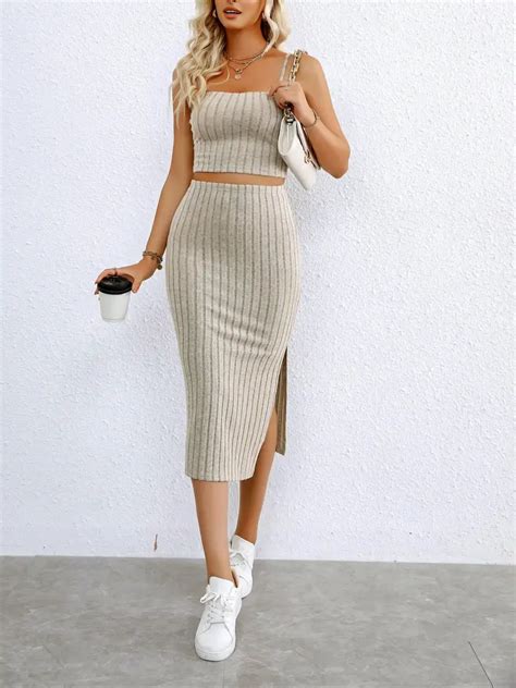 Ribbed Knit Two Piece Skirt Set Crop Cami Top Split Hem Temu