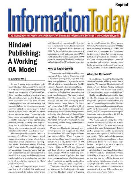 Hindawi Publishing A Working Oa Model Keys To Rapid Growth Whos The Customer Pdf Open