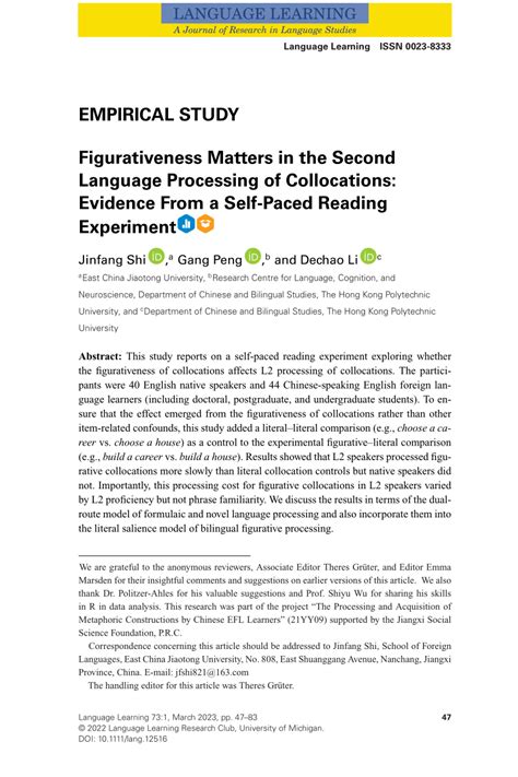 Pdf Figurativeness Matters In The Second Language Processing Of Collocations Evidence From A