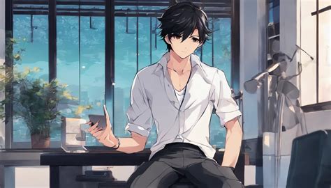 거무스름한 십대 남자 직선 이별이 있는 어두운 짧은 헤어스타일 검은 눈 흰 셔츠 검은색 청바지 Seaart Ai