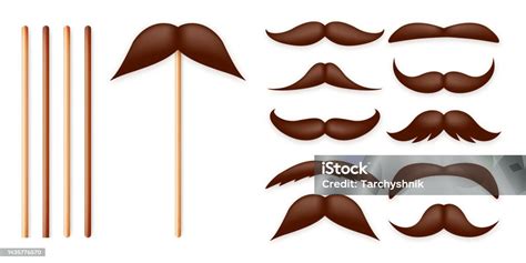 나무 막대기에 현실적인 가짜 콧수염 카니발이나 휴가를위한 빈티지 종이 콧수염 다양한 갈색 얼굴 머리카락 세련된 힙스터 수염 벡터 일러스트 레이 션 콧수염에 대한 스톡 벡터