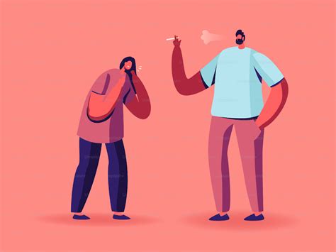 연기로 고통받는 기침을 하는 여자는 담배를 피우는 남자 근처에 서 있다 캐릭터 수동적인 초침은 공공 장소에서의 흡연 건강에 해로운 나쁜 습관 문제를 해친다 만화 사람들