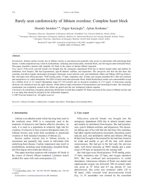 Pdf Rarely Seen Cardiotoxicity Of Lithium Overdose Complete Heart Block