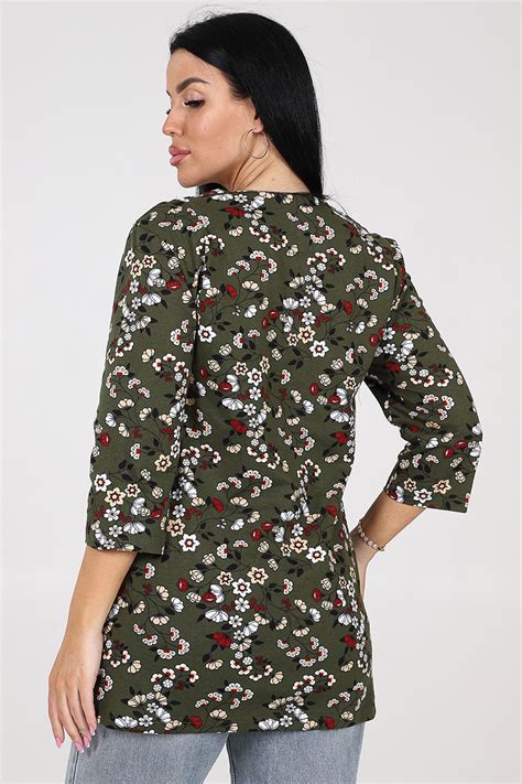 Туника-кофта женская ТК-2035 кулирка (р-ры: 48-62) веточки на хаки ...
