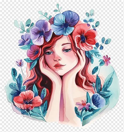 머리에 꽃을 꽂은 고요한 여자 수채화 여인과 꽃 Png Pngwing