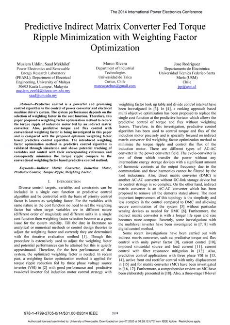 Pdf Predictive Indirect Matrix Converter Fed Torque Ripple Minimization With Weighting Factor