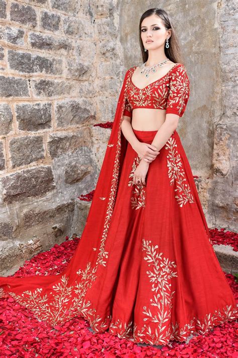 Buy Red Embroidered Lehenga Set For Women By Prathyusha Garimella