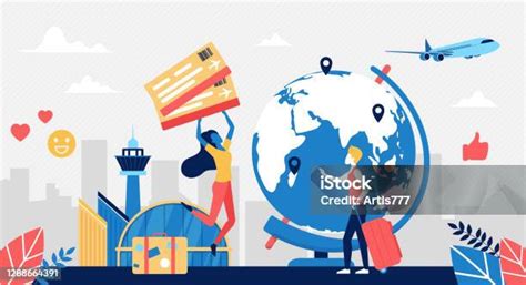 행복한 여행자와 함께 비행기로 여행하는 사람들 관광 컨셉 여행사에 대한 스톡 벡터 아트 및 기타 이미지 여행사 여행 주제 지구본 Istock