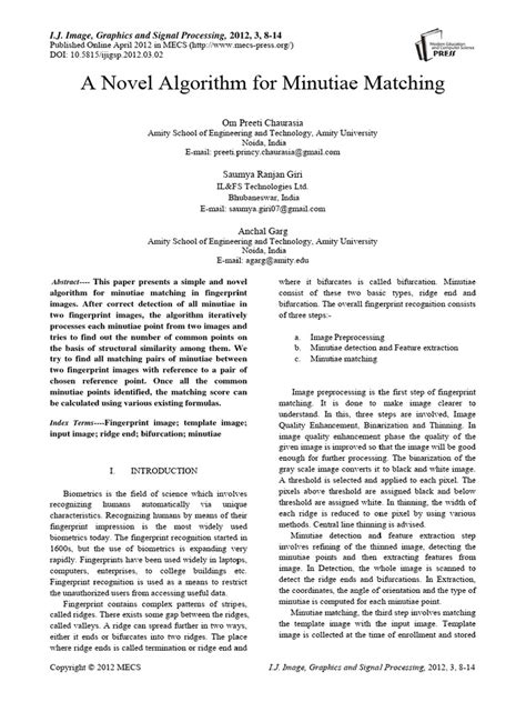 A Novel Algorithm For Minutiae Matching Pdf Fingerprint Biometrics