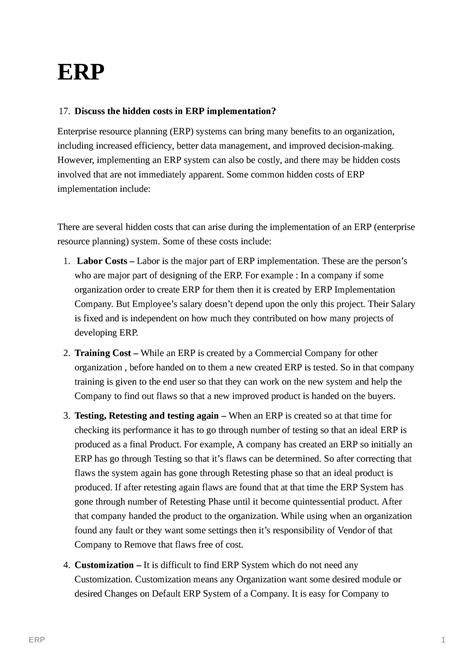ERP Answer ERP QUESTION BANK ERP Discuss The Hidden Costs In ERP Implementation Enterprise