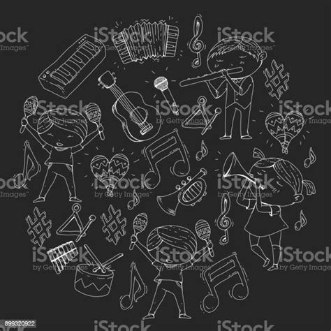 음악 악기 드럼 플 룻 아코디언 트럼펫 피아노 음악 성능 및 학교 연령 어린이 어린이 오케스트라와 음악 뮤지컬 극장 유치원 어린이의 벡터 학교 18 19세에 대한 스톡 벡터