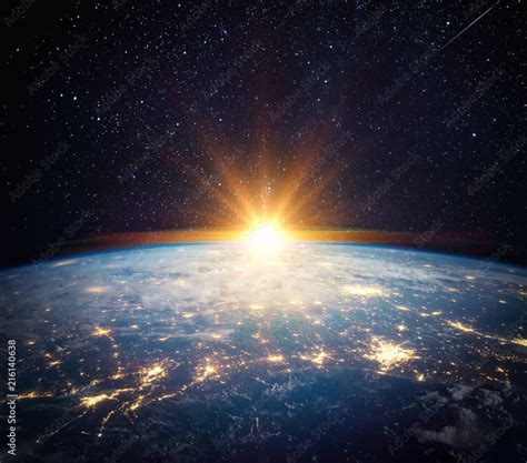 Earth Sun Star And Galaxy Sunrise Over Planet Earth View From Space