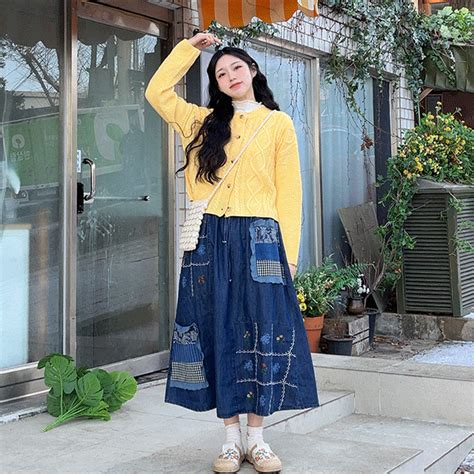 태리 자수 청 치마 A라인 밴딩 데님 롱 스커트 에이블리
