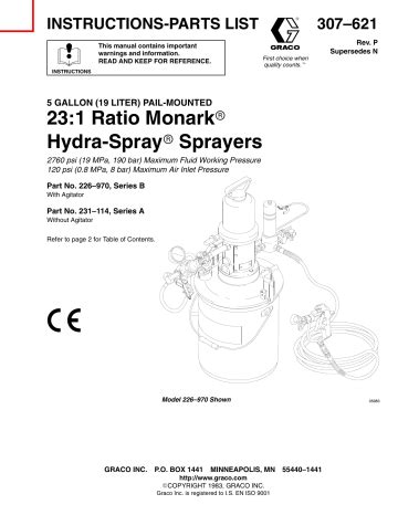Graco 307621p 5 Gallon Pail Mounted 231 Ratio Monark Hydra Spray