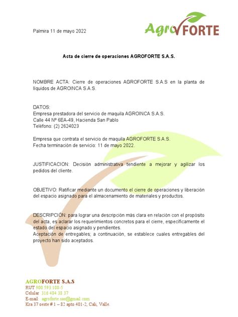 Acta Cierre De Operaciones Pdf