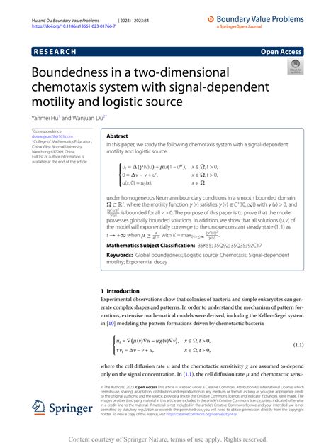 Pdf Boundedness In A Two Dimensional Chemotaxis System With Signal Dependent Motility And