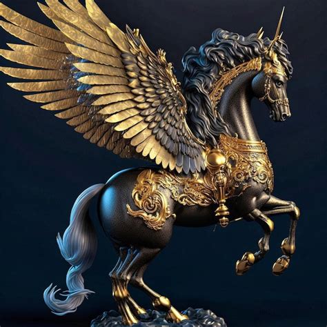 Золотая статуя крылатого коня с крыльями и крыльями. | Премиум Фото