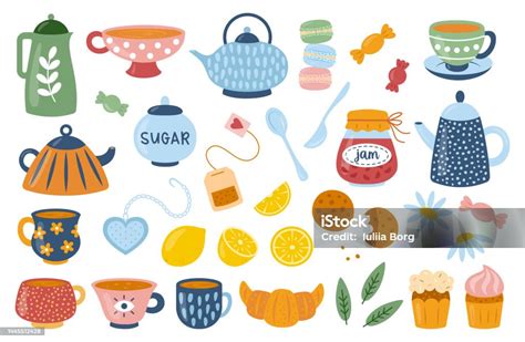 귀여운 만화 컵 머그잔 찻주전자 숟가락 티백 주입기 과자 설탕 마카롱 사탕 컵케익 크루아상 쿠키 잼 레몬 카모마일이 있는 티타임