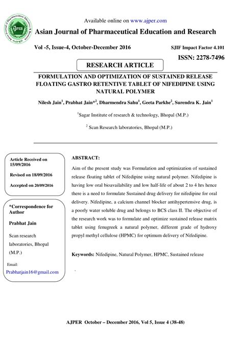 Pdf Formulation And Optimization Of Sustained Release Floating Gastro Retentive Tablet Of