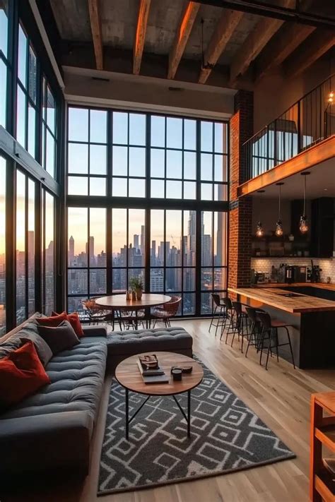 Modern Lofted Apartment With Full Wall Windows With Black Frames Round Dining Table With Chairs