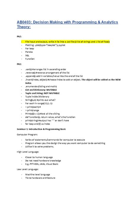 Ab0403 Programming Theory Notes Ab0403 Decision Making With Programming And Analytics Theory