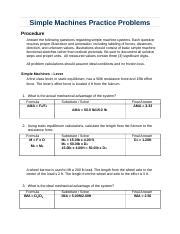 Simple Machines Review Problems Doc Simple Machines Practice Problems Procedure Answer The