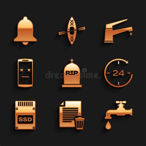 Set Tombstone With Rip Written Delete File Document Water Tap Clock