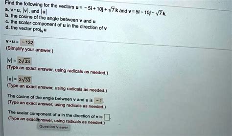 Solved Find The Following For The Vectors A V U U V And 5i 10j Vikand V 5i 10j