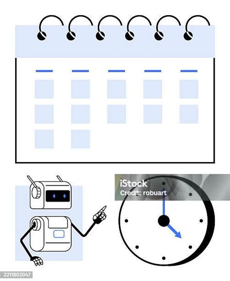 작업 관리 및 시간 구성을 위한 로봇 스케줄링 캘린더 시계 및 자동화 개념에 대한 스톡 벡터 아트 및 기타 이미지 개념 개념과 주제 계획 Istock
