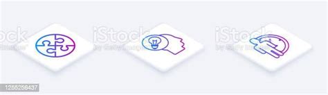 램프 전구와 시간 관리와 퍼즐 인간의 머리 퍼즐의 등도 라인 조각을 설정합니다 흰색 정사각형 버튼 벡터 3차원 형태에 대한 스톡 벡터 아트 및 기타 이미지 Istock