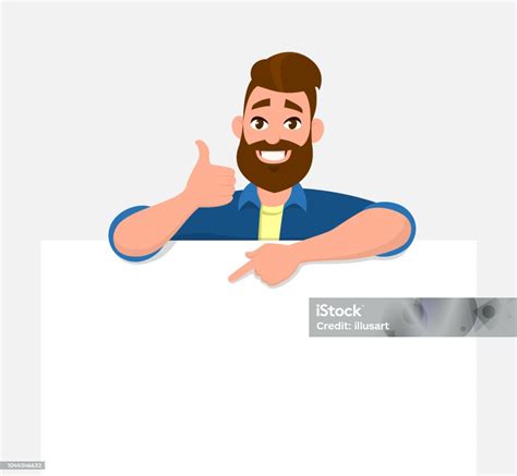 행복 한 젊은 남자 지주표시표시 흰색 빈 보드배너포스터 및 포인팅 검지 쪽으로 엄지손가락 업같은 동안 또는 서명 거래 벡터 만화 스타일에서 개념 그림입니다 가리키기에 대한