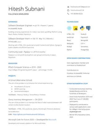Hitesh Subnani Resume Pdf