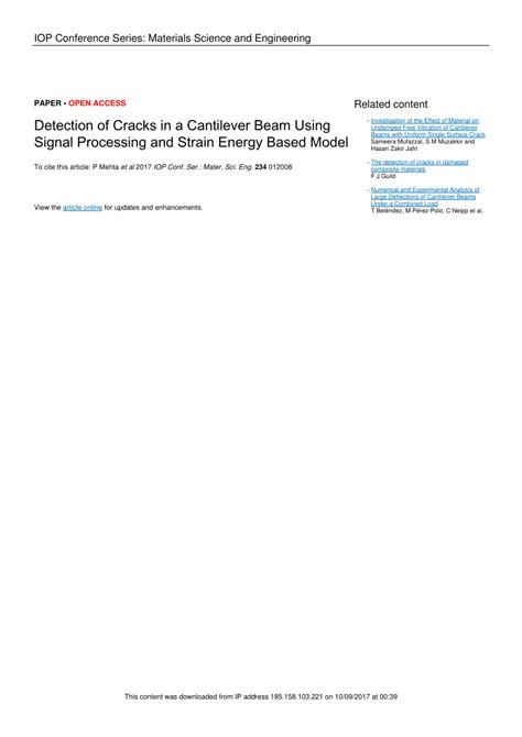 Pdf Detection Of Cracks In A Cantilever Beam Using Signal Processing And Strain Energy Based Model