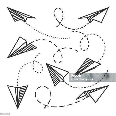 다양한 손으로 그린 종이 비행기 점선 이점 선이 있는 검은 낙서 비행기 항공기 아이콘 심플한 흑백 평면 실루엣 윤곽 라인 아트 벡터 일러스트레이션 개념에 대한 스톡 벡터